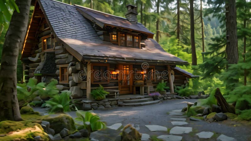 A Log Cabin Surrounded by Trees in a Dense Forest Setting, a Rustic Log ...