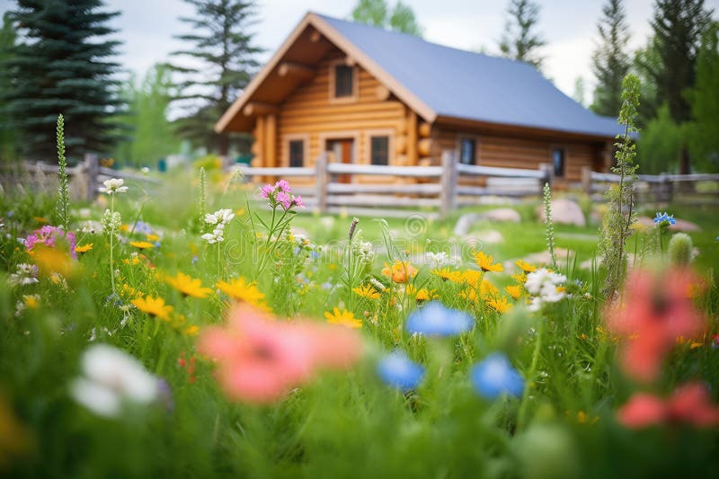 Log Cabin Surrounded by Wildflowers in Bloom Stock Photo - Image of ...
