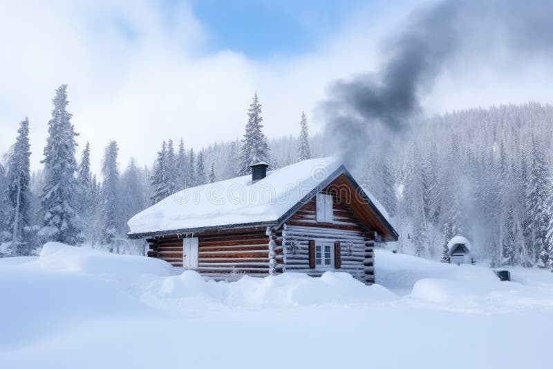 Log Cabin with Smoke Rising from Its Chimney Near a Lake Stock Photo ...