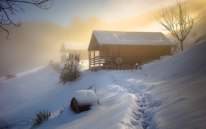 Log cabin on winter stock image. Image of building, chalet - 64882419