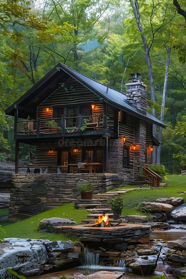 A Log Cabin in the Woods with a Fire Pit in Front of it Stock Image ...