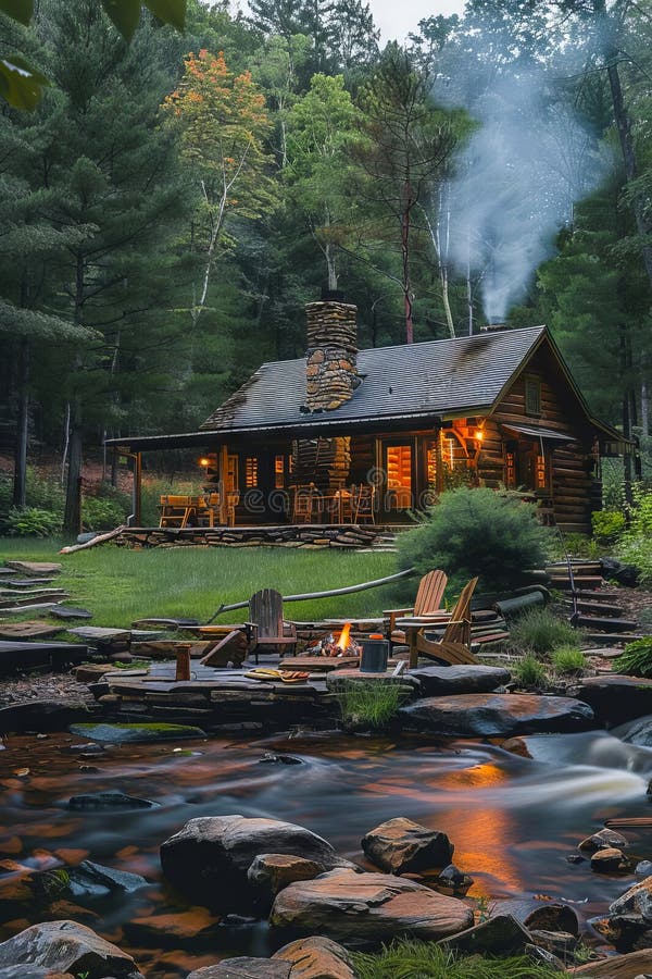 A Log Cabin in the Woods Next To a Stream Stock Image - Image of woods ...