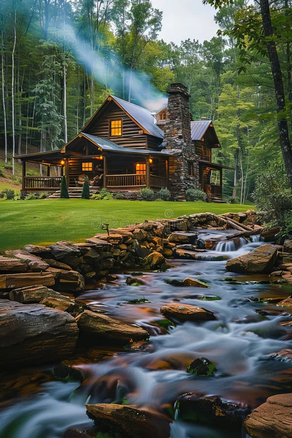 A Log Cabin in the Woods Next To a Stream Stock Image - Image of right ...