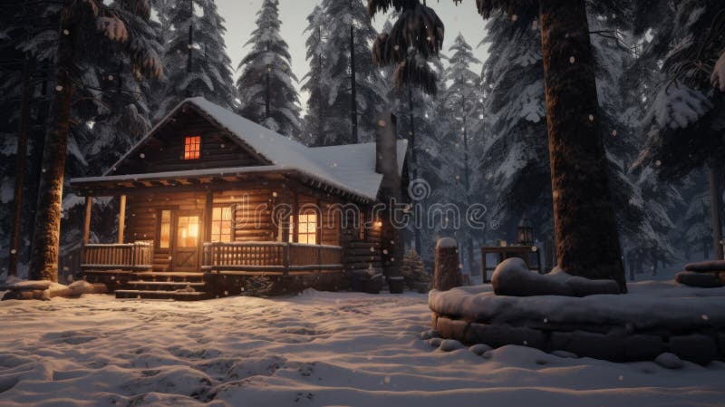 A Log Cabin in the Woods at Night, AI Stock Image - Image of winter ...