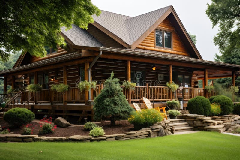 Log Cabin with a Wrap-around Porch and Rocking Chairs Stock Image ...
