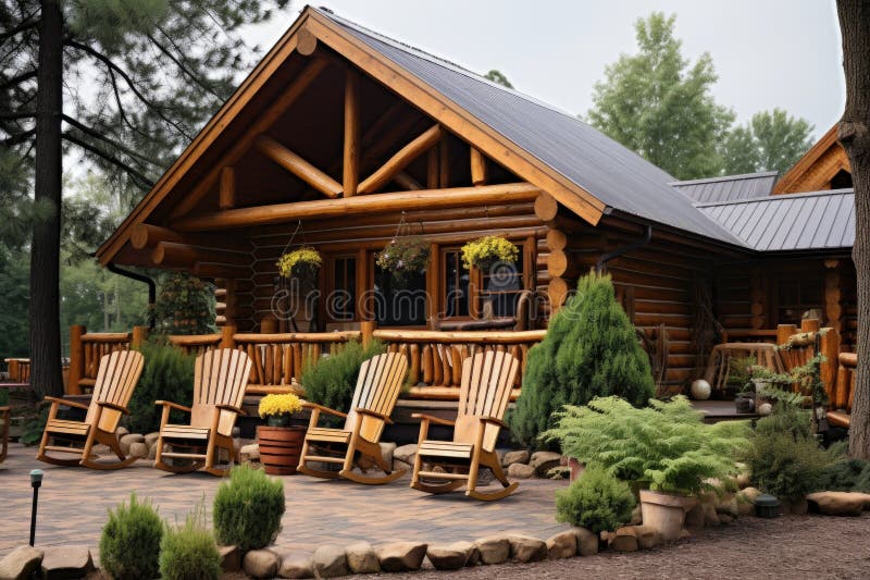 Log Cabin with a Wrap-around Porch and Rocking Chairs Stock Image ...