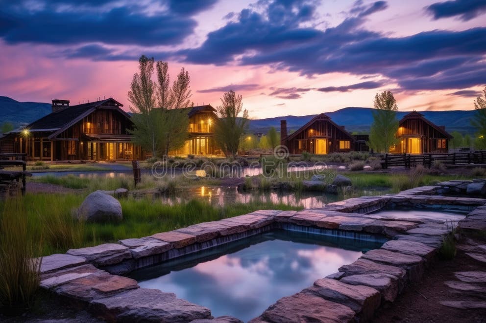 Log Cabins with Private Hot Spring Pools at Dusk Stock Illustration ...