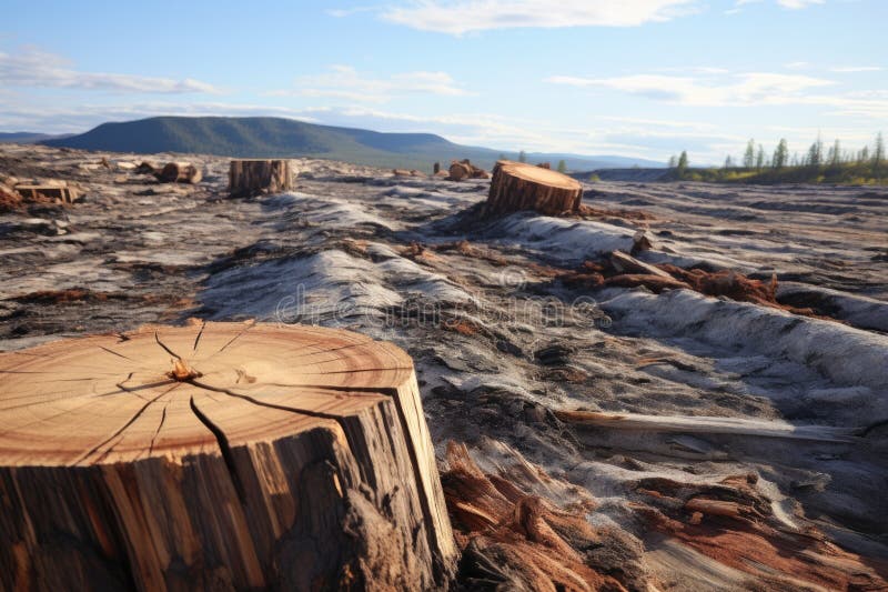 Log Clearing in a Deforested Area Surrounded by Hills Under a Clear Sky ...