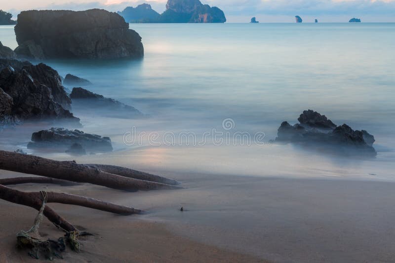 Log and Cobblestone at Dawn on the Beach Closeup Stock Image - Image of ...