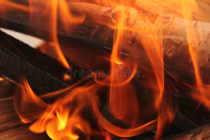 Log in the Flames. Burning Fire in the Grill is Large. Stock Photo ...