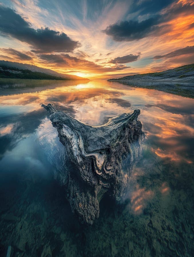 Log Floating on Calm Water at Sunset Stock Photo - Image of landscape ...