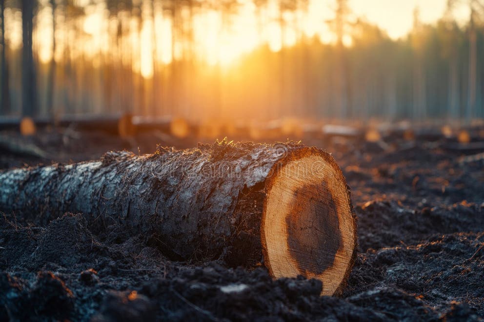 Log on the Ground in Forest at Sunset, Showing Environmental Damage ...