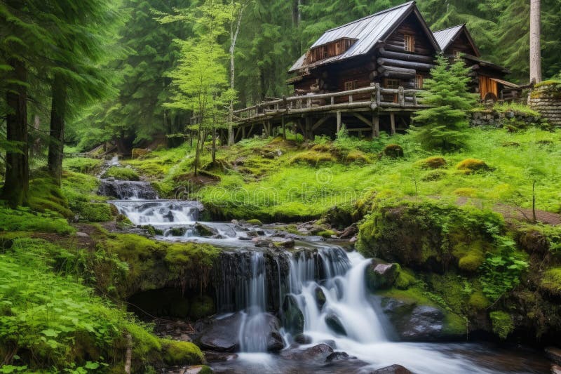 A Log House Adjacent To a Waterfall in the Forest Stock Photo - Image ...
