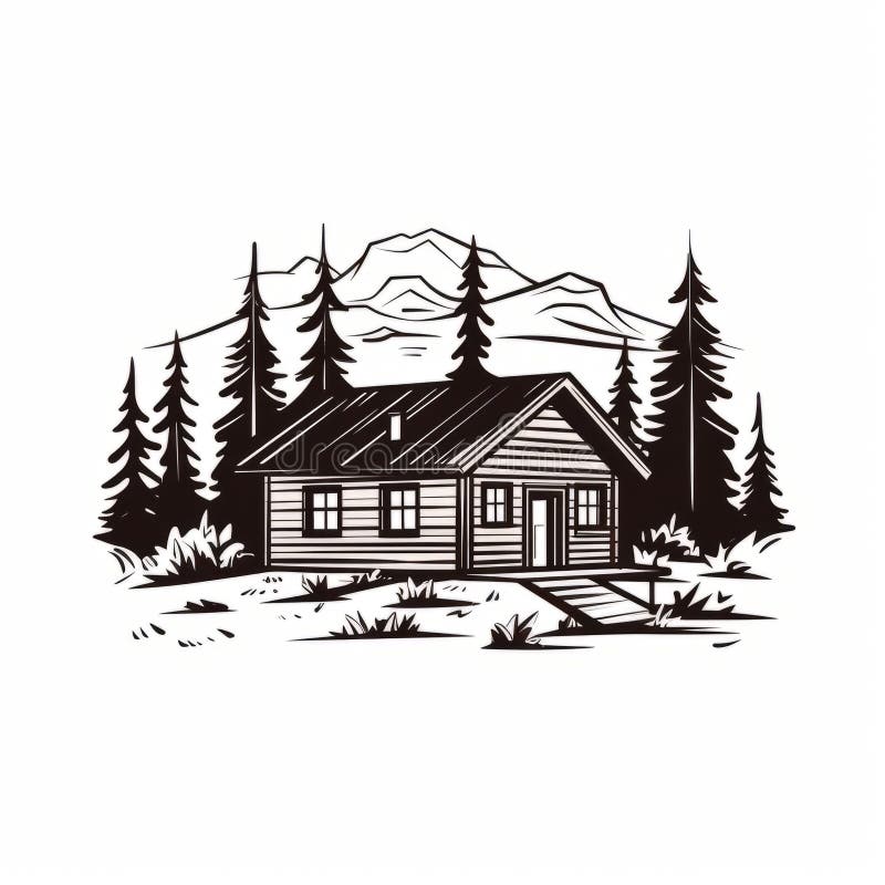 Monochromatic Mountain Lodge Charming Cabin Illustration in Graphic ...