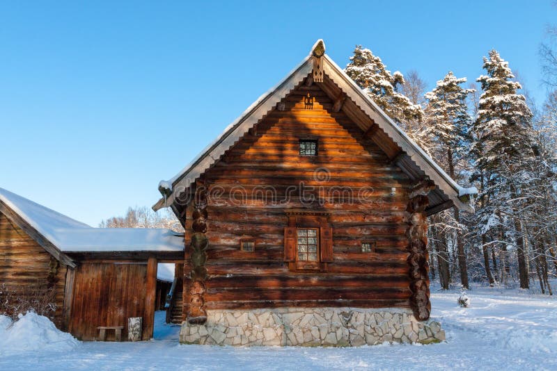 Log Hut in the Winter stock image. Image of blue, frozen - 37416615