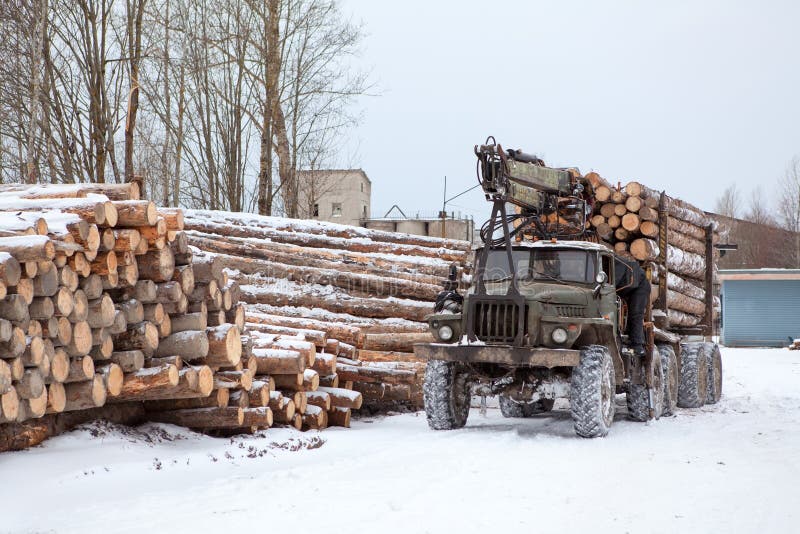 Log Loader Track with Timber Stock Photo - Image of harvest, industry ...