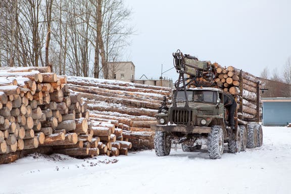 Log Loader Track with Timber Stock Photo - Image of harvest, industry ...