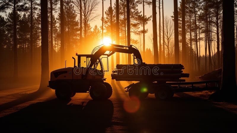 Log Loader and Trailer Silhouette in Forest at Sunrise Stock ...