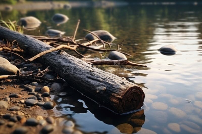 A Log Lying on the Shore of a Lake Stock Photo - Image of calm, wood ...