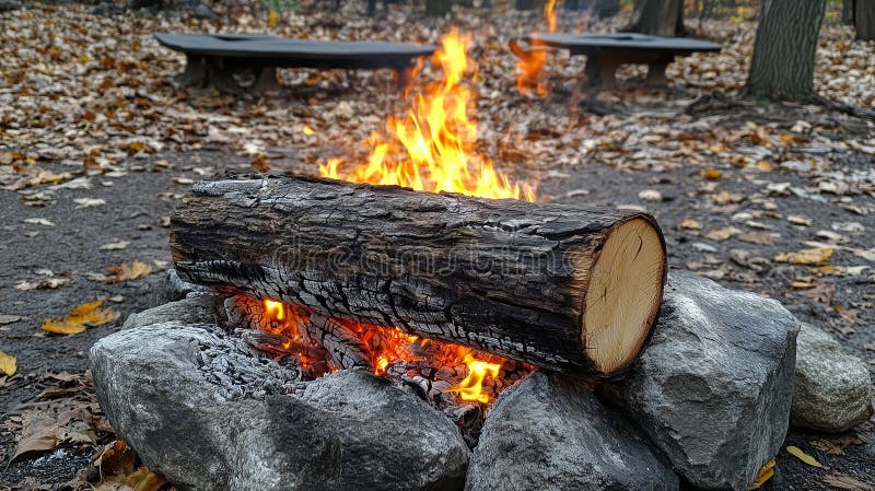A Log Resting in a Crackling Campfire, Flames Dancing Stock Photo ...
