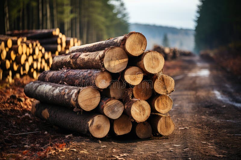Log Stacks Along the Forest Road. Forest Pine and Spruce Trees Stock ...