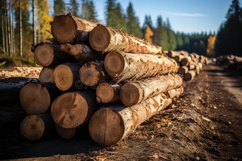 Log Stacks Along the Forest Road. Forest Pine and Spruce Trees Stock ...