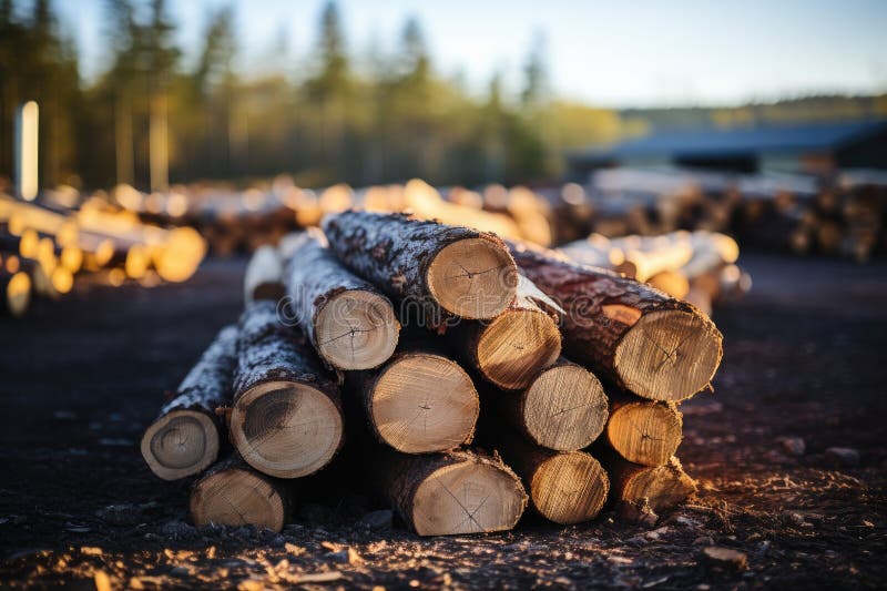 Log Stacks Along the Forest Road. Forest Pine and Spruce Trees Stock ...