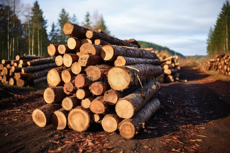 Log Stacks Along the Forest Road. Forest Pine and Spruce Trees Stock ...