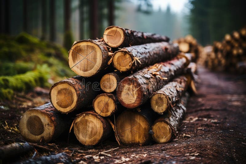 Log Stacks Along the Forest Road. Forest Pine and Spruce Trees Stock ...