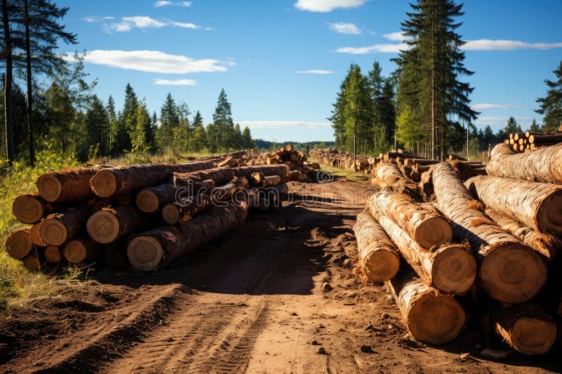 Log Stacks Along the Forest Road. Forest Pine and Spruce Trees Stock ...