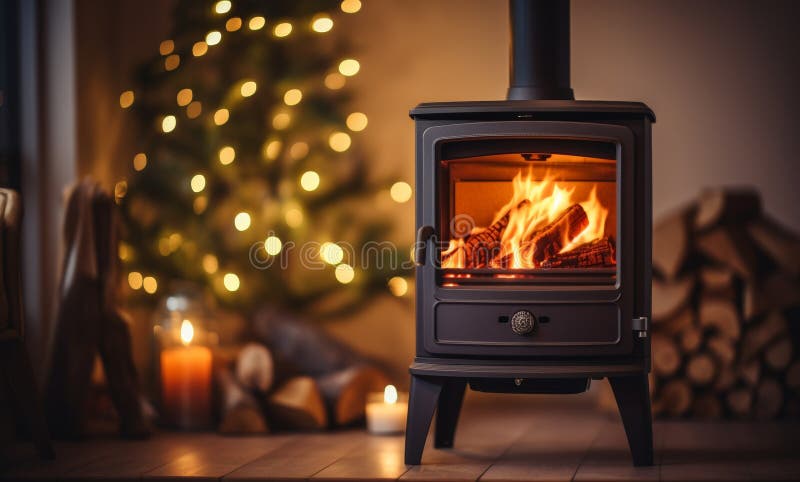 A Log Stove with Fire Burning at the Front Stock Photo - Image of ...
