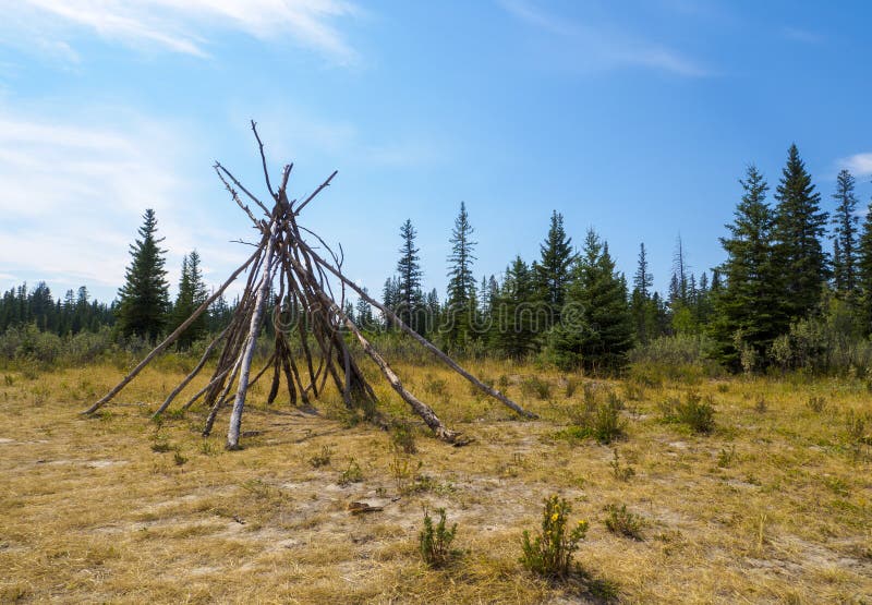 Log Tipi Structure on a Cleared Out Patch of Grass in Nature Stock ...