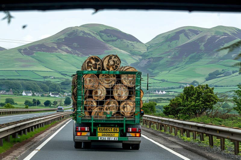 Log Transport Truck on Highway, Delivering Cut Timber from Forest To ...