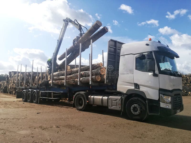 Log truck unloading logs editorial stock image. Image of timber - 103493124
