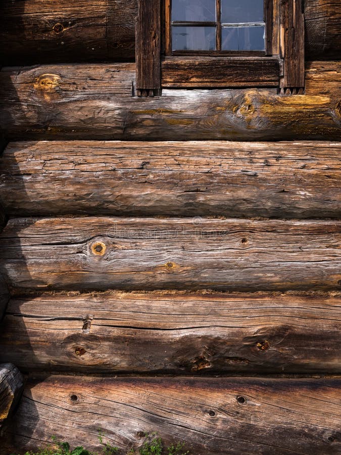 Log Wall of Rustic House with Window. Wooden Texture Stock Photo ...