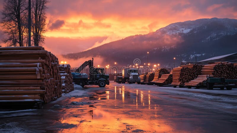 Log Yard with Trucks and Dramatic Sunset Reflecting on Wet Pavement ...