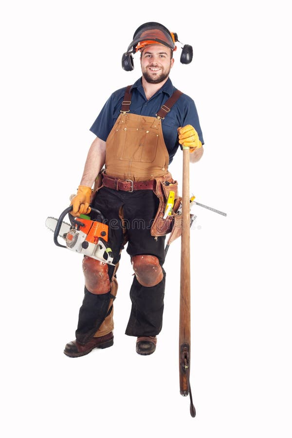 Logger with Chainsaw and Log Hook Stock Image - Image of chaps, jump ...