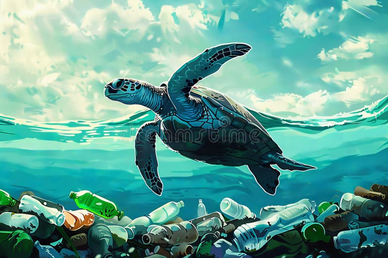 Loggerhead Sea Turtle Navigating through Plasticfilled Waters ...