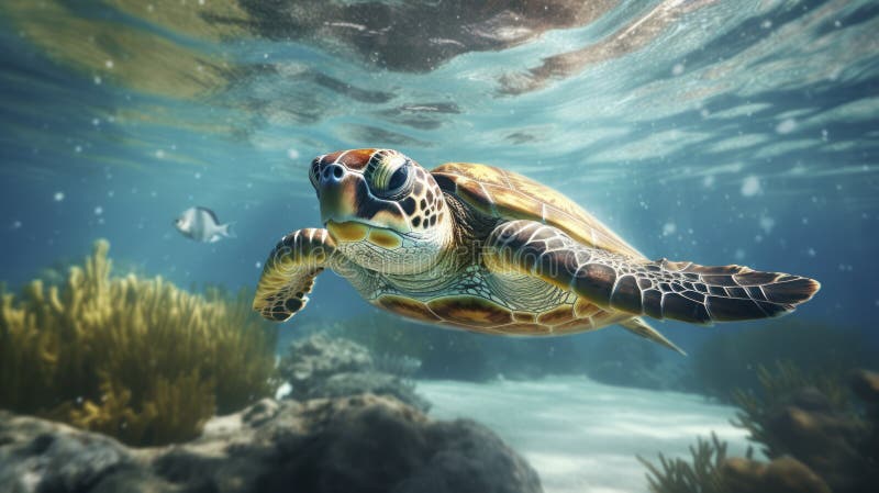 Loggerhead Sea Turtle Swimming in an Underwater Reef Habitat ...