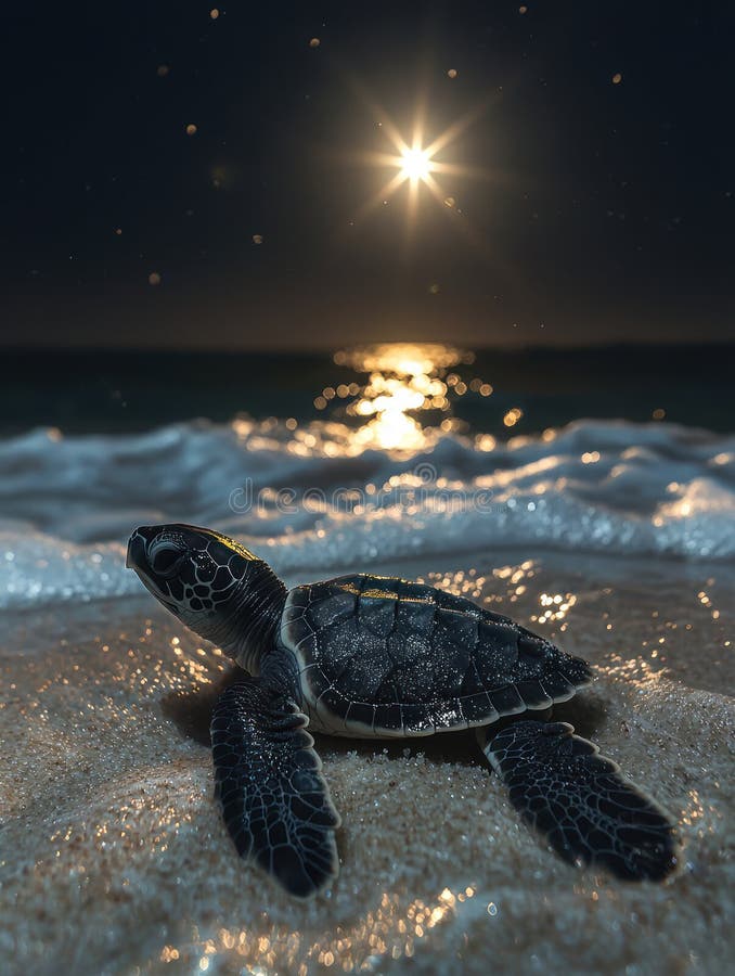 Loggerhead Turtle Hatchling Gulf Coast Beach Moonlight, Symbolizing ...