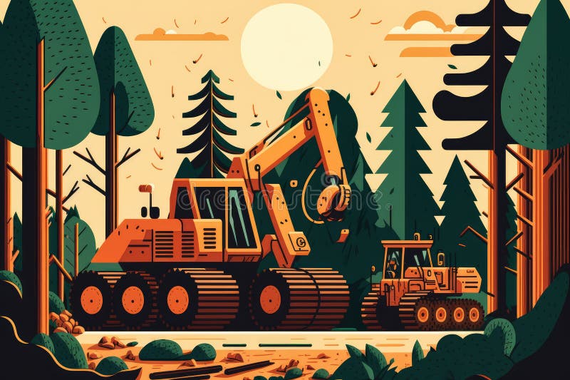 Logging Industry Scene with Heavy Machinery Cutting, Loading, and ...