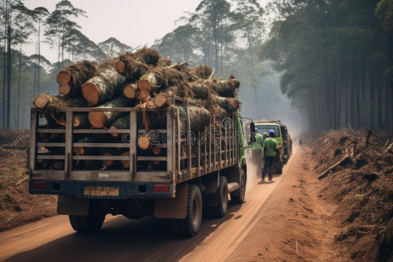 Logging Machines Full of Cut Trees and Workers on Road. Transporting ...