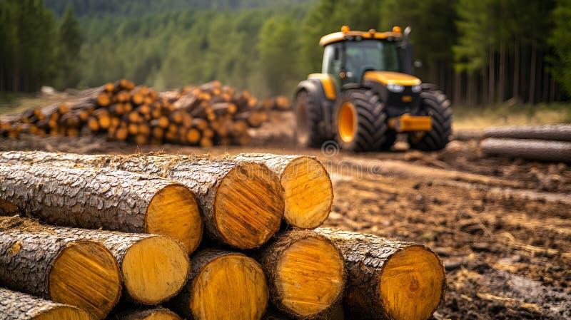 Logging Operation in Forest with Tractor Transporting Timber during ...