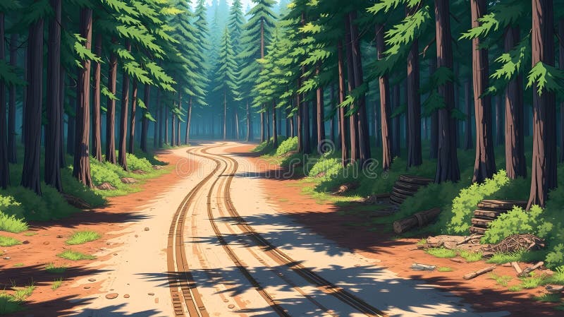 A Logging Road Winding through a Forest Landscape Stock Illustration ...