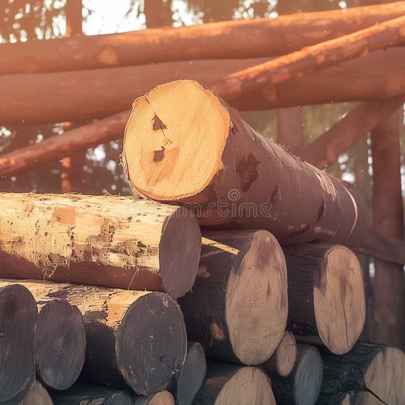 Logging Scene Thick Logs Against a Backdrop of a Sunset Stock ...