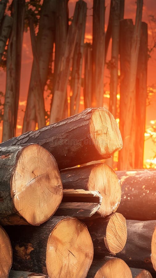 Logging Scene Thick Logs Against a Backdrop of a Sunset Stock ...