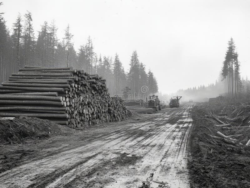Logging Site with Stacked Timber and Machinery in Misty Forest ...