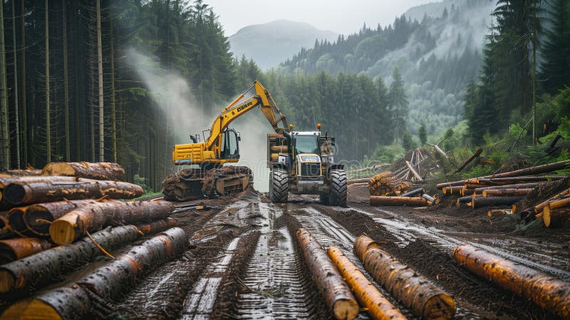 Logging. the Stage Includes Loading Cut Trees with an Excavator Onto a ...