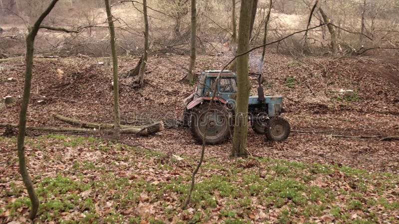 Logging Tractor on Forest Road. Pulling Tree Trunk with Truck. Tractor ...