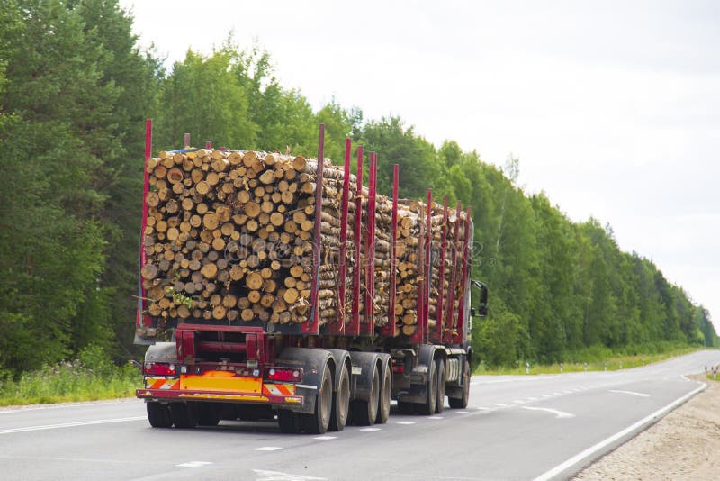 Logging Truck Carries Logs on the Road in the Summer Stock Photo ...